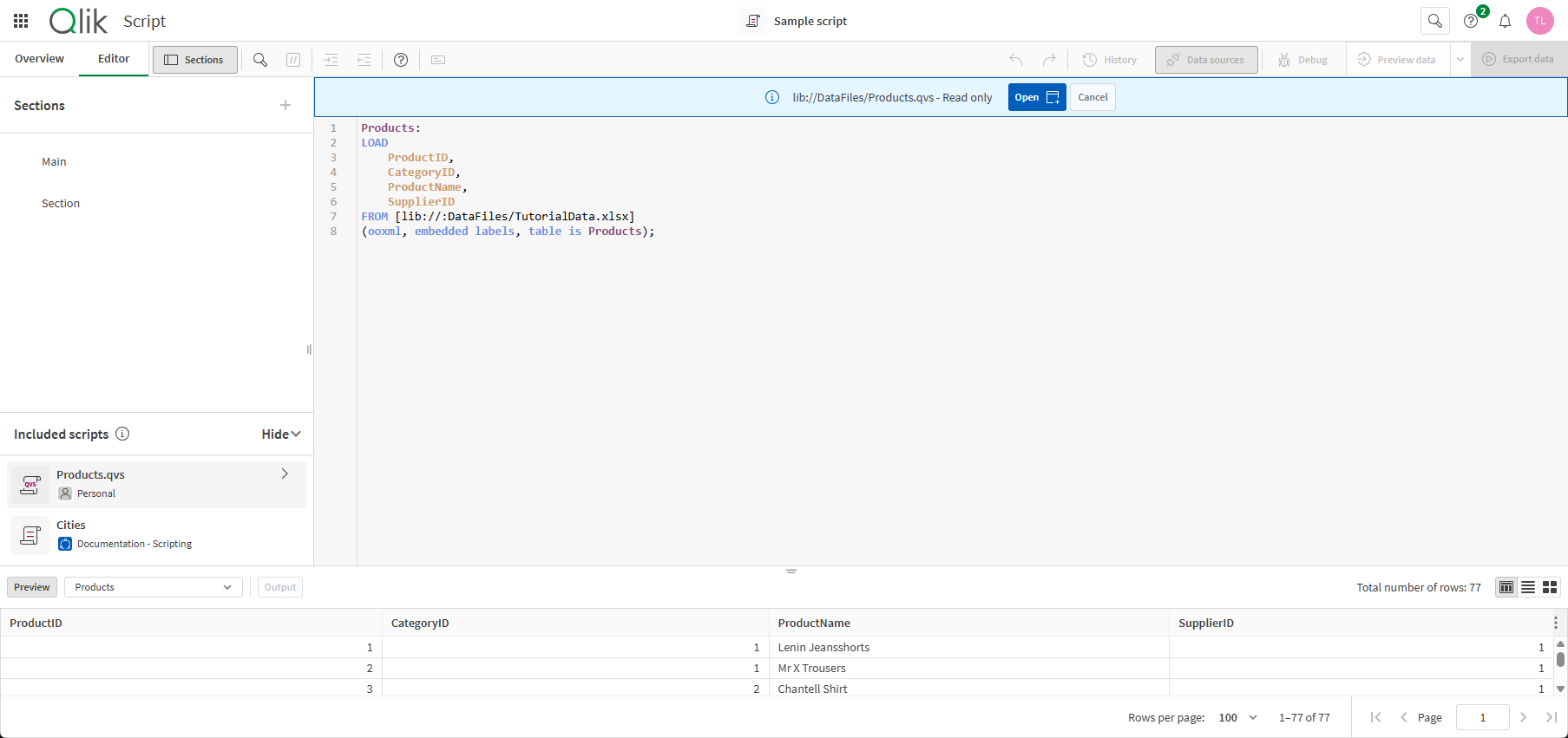 Insertion d'autres scripts dans des scripts de chargement | Aide Qlik Cloud